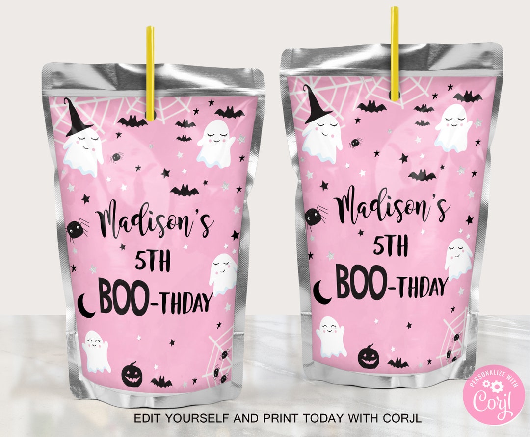 Editable Juice Pouch Label Halloween Pink Ghost Birthday Label ...
