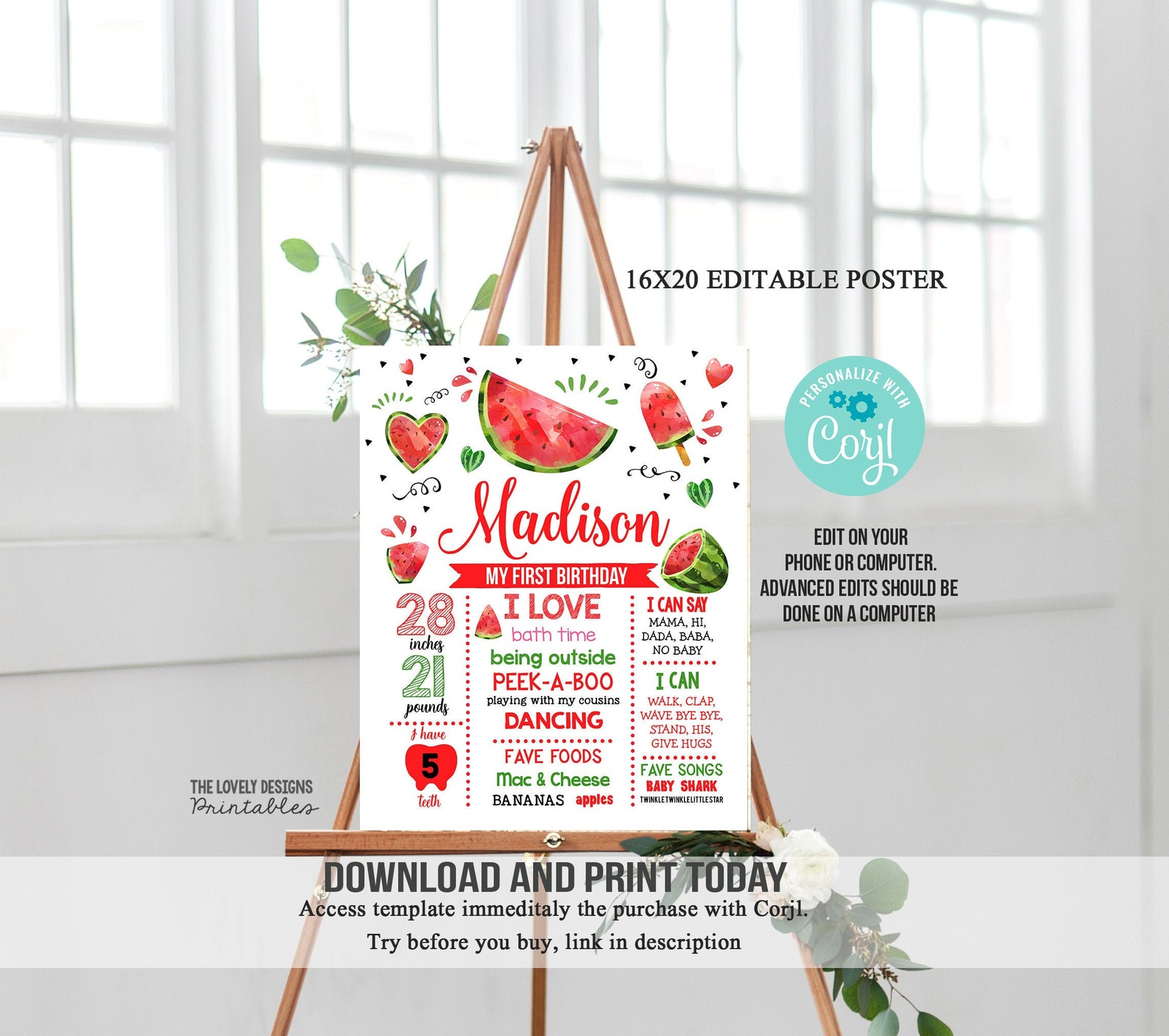 Editable Watermelon Birthday Chalkboard Watermelon Birthday, First ...