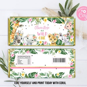 Editable Jungle Wild One Candy Bar Wrappers Jungle Girl Birthday Party ...