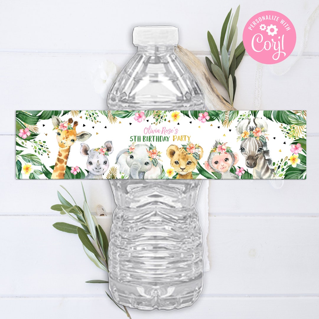 EDITABLE Jungle Water Bottle Label Jungle Girl Birthday Party Jungle ...