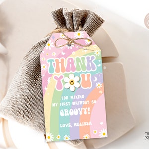 EDITABLE Groovy Birthday Gift Tag Two Groovy One Birthday Rainbow Daisy ...