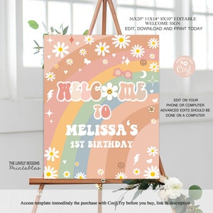 EDITABLE Groovy Welcome Sign Daisy Groovy Birthday Sign Rainbow Retro ...