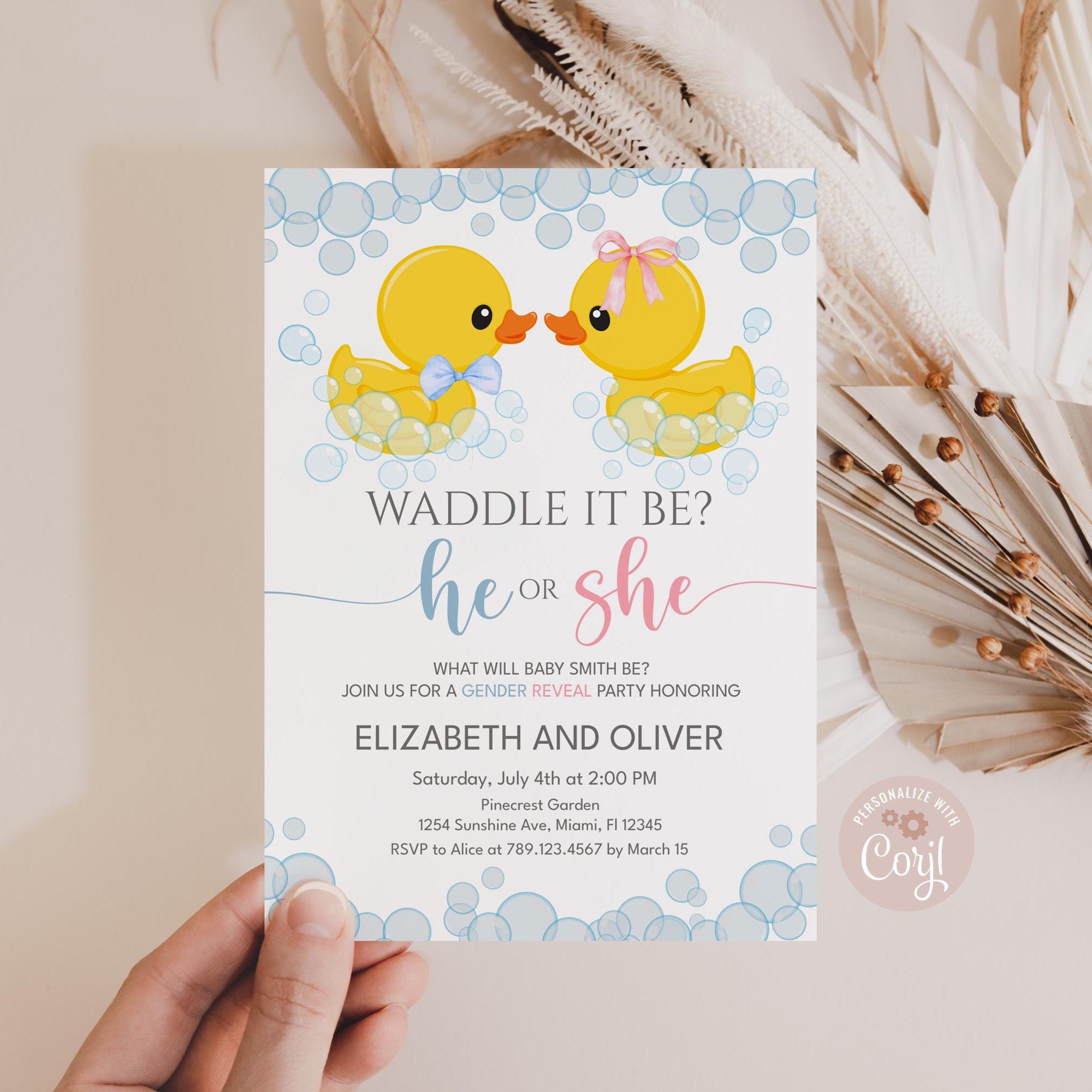 Editable Rubber Duckie Gender Reveal Invitation, Baby Boy or Girl ...