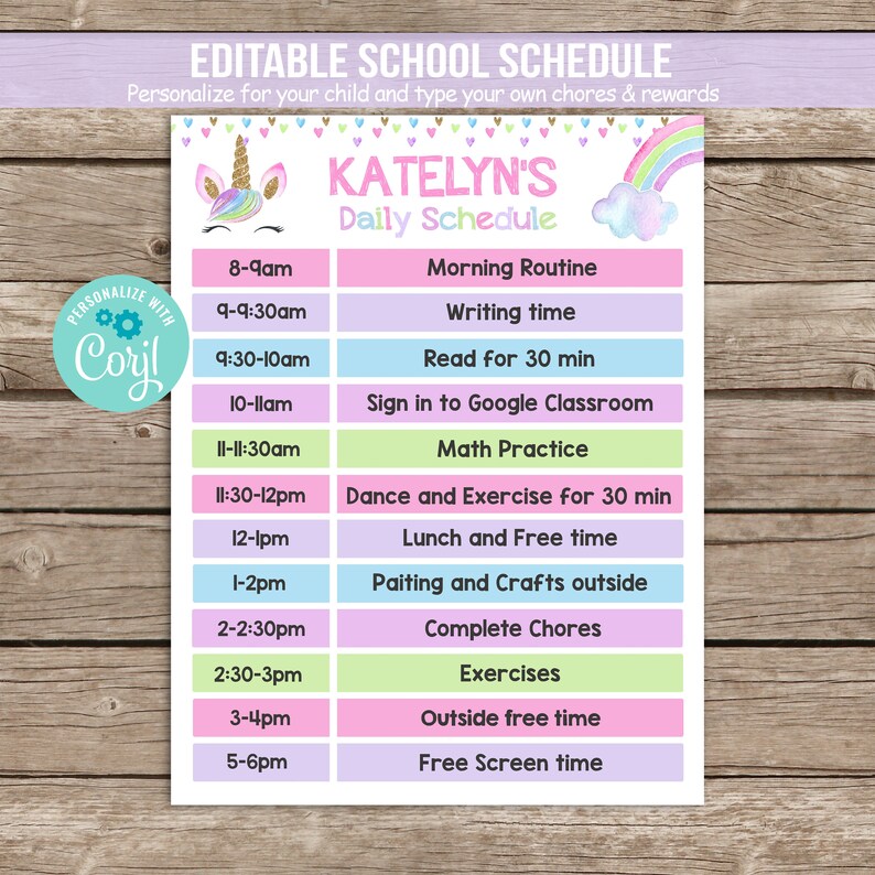 Editable Unicorn Home School Schedule Daily Routine Homework Daily ...