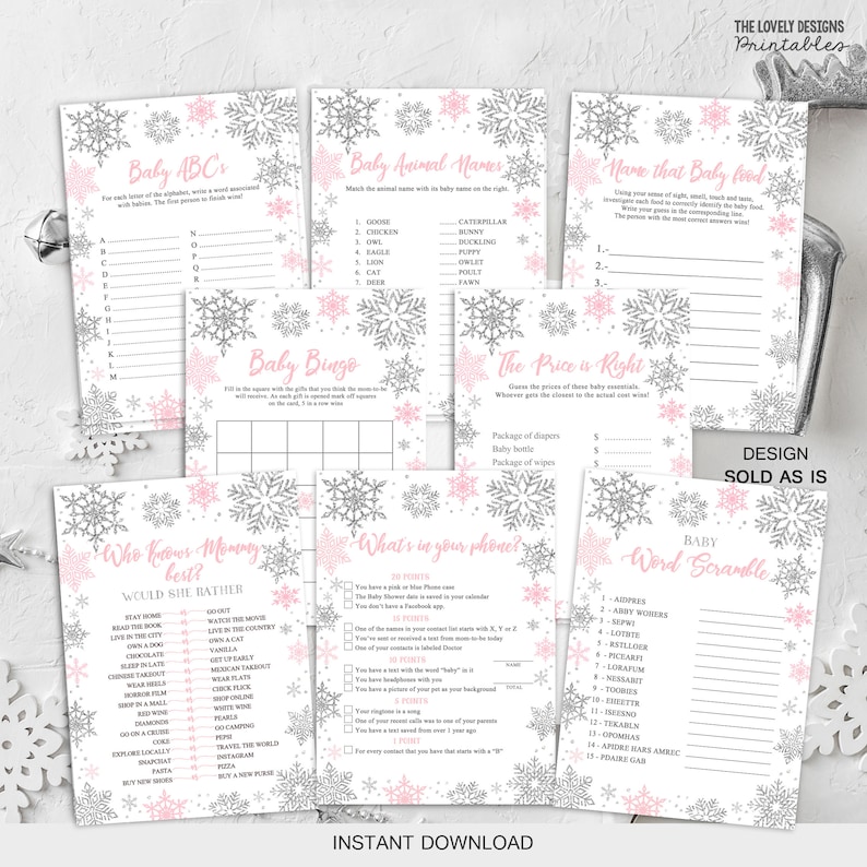 Winter Baby Shower Games Package Snowflakes Pink and Silver Games ...