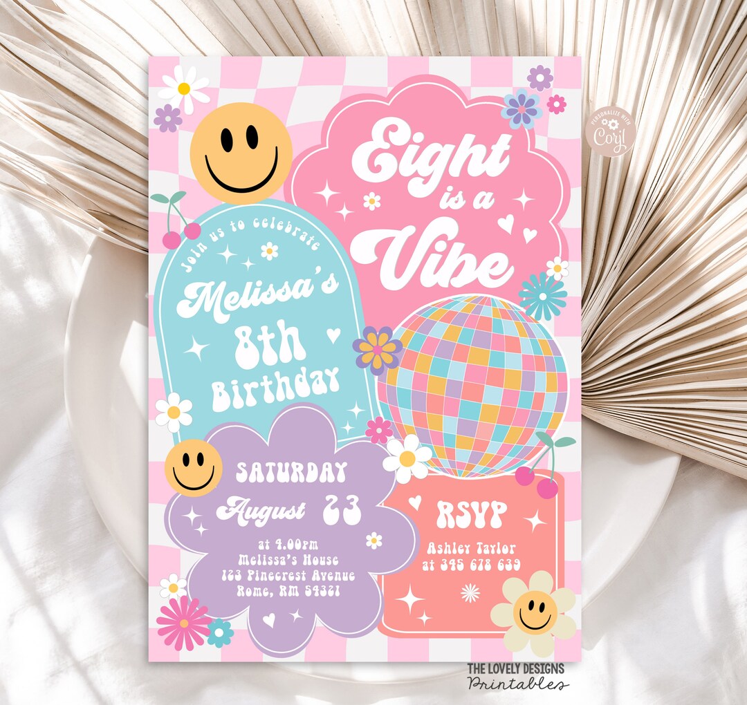 Editable Eight is a Vibe Checkered Smile Face Invitation Retro Groovy ...