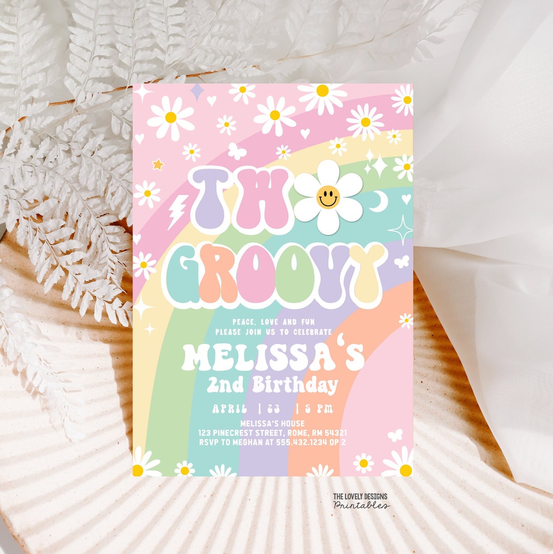 Editable TWO Groovy Birthday Invite Two Groovy Birthday Daisy Rainbow ...