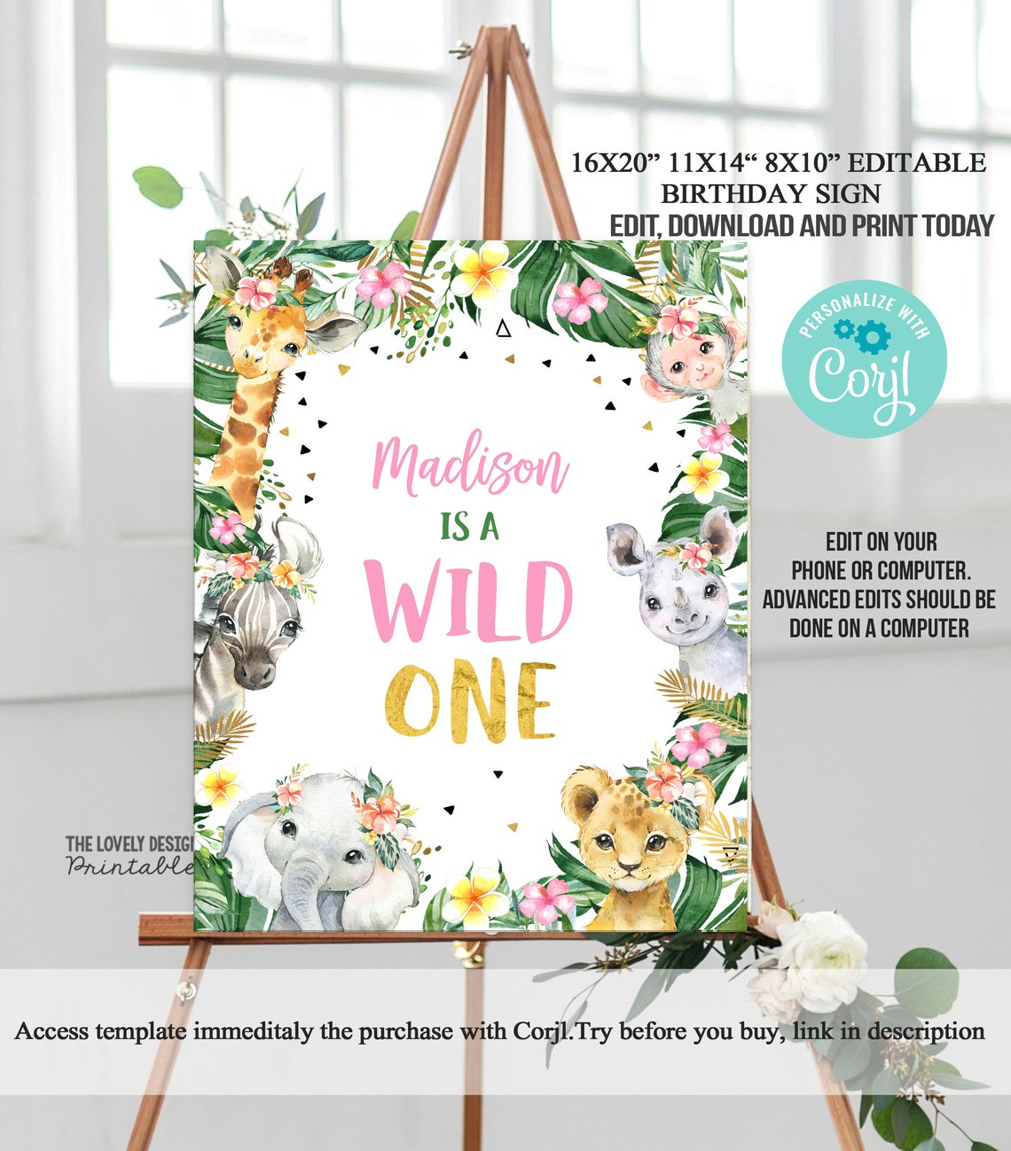 EDITABLE Wild One Birthday Sign Jungle 1st Birthday Jungle - Etsy