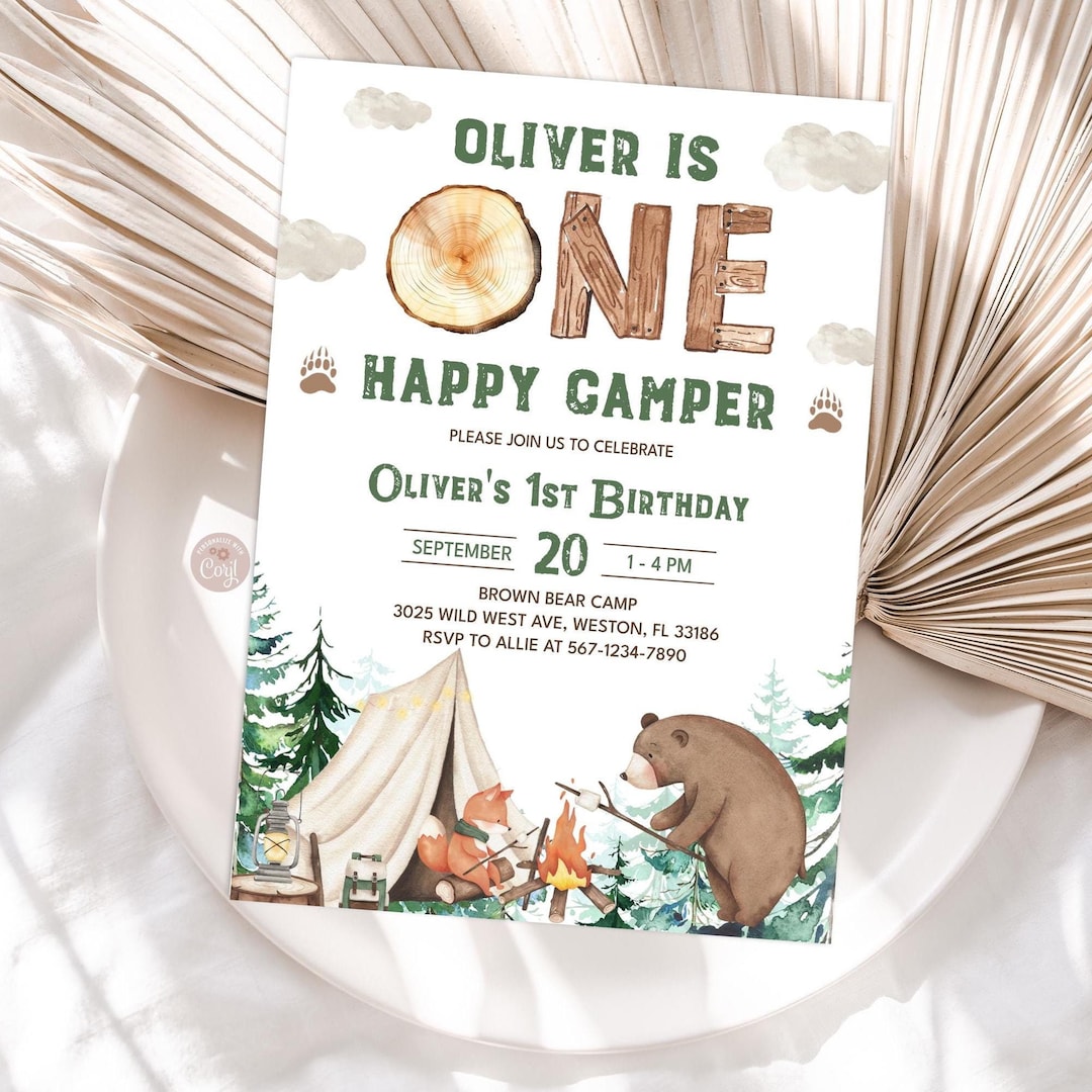 One Happy Camper Invitation Camping Birthday Invite Camper Party Bear Woodland Animals Birthday ...