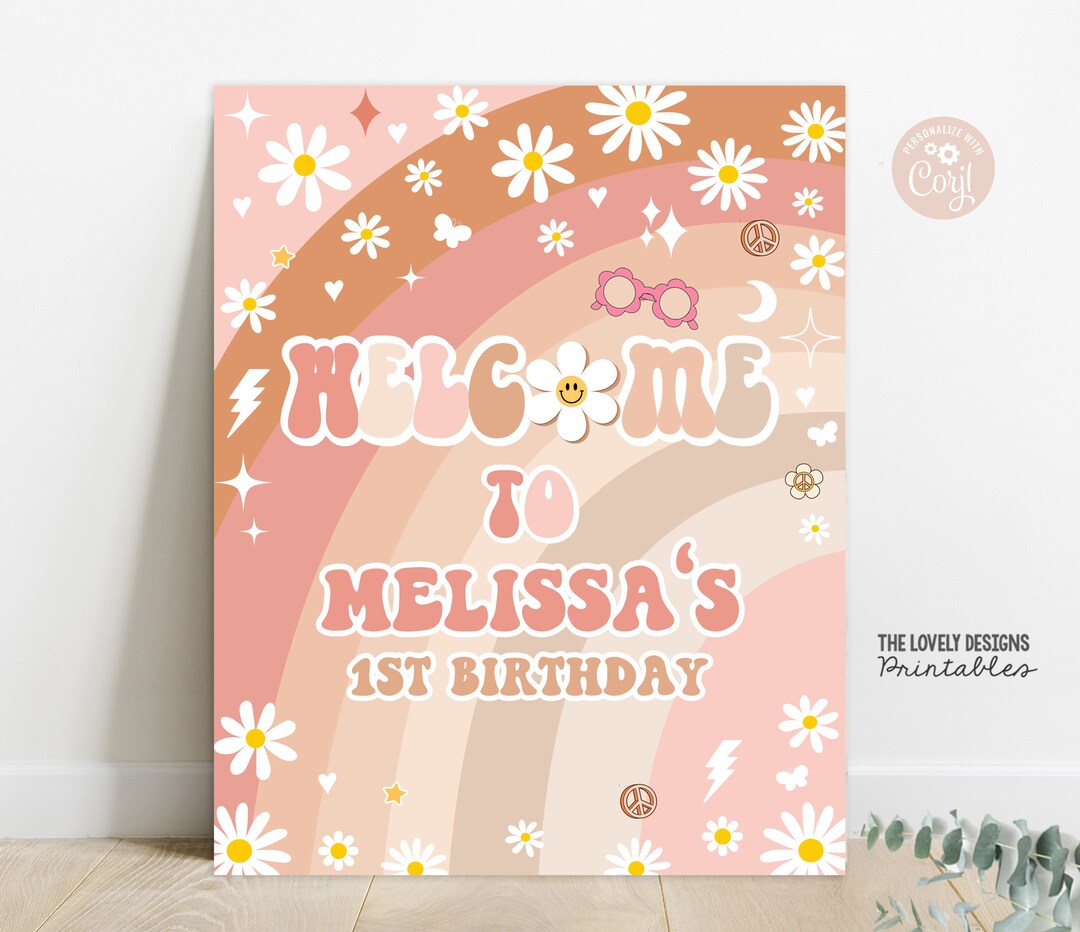 EDITABLE Welcome Sign Groovy Birthday Rainbow Pink Beige Sign Daisy ...