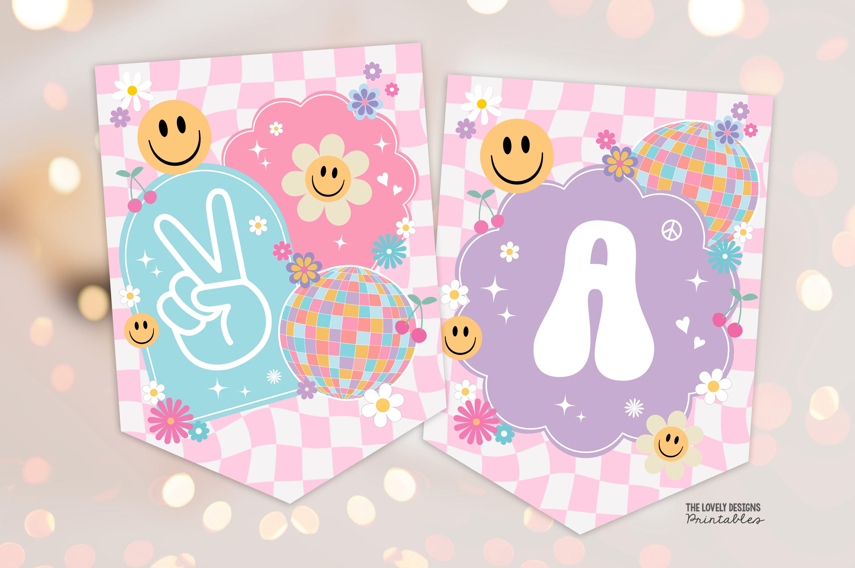 Banner A-Z Alphabet Numbers Smile Face Retro Groovy Birthday Bunting ...