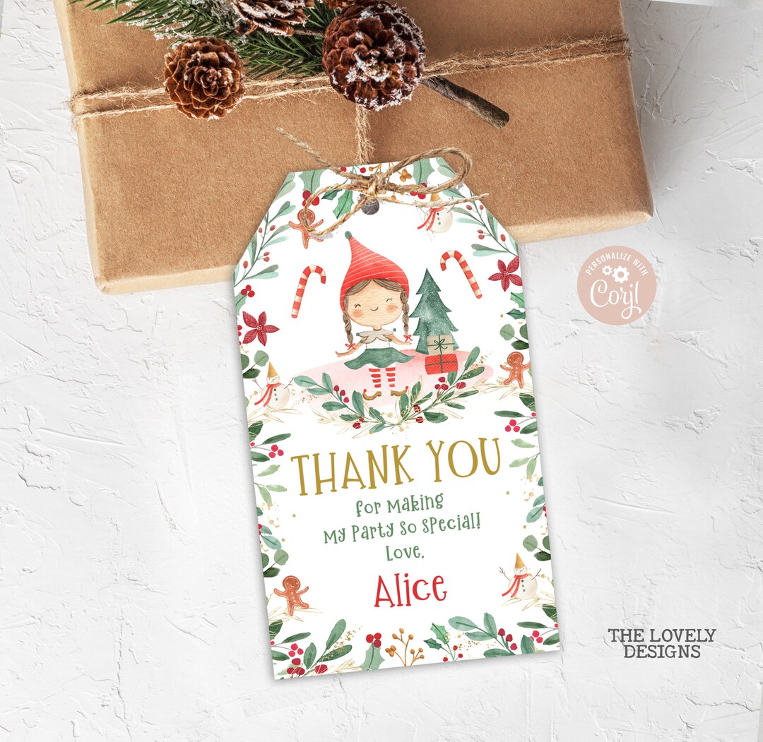 Editable Elf Favor Tag Christmas Winter Elf Girl Birthday Gift Tag ...