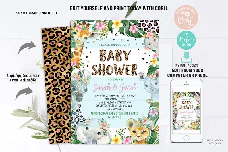 Editable Leopard Print Baby Shower Invitation Girl Leopard Print Wild ...