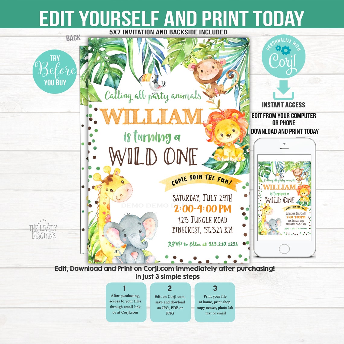 Jungle Wild One Invitation INSTANT DOWNLOAD edit | Etsy