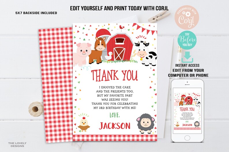 EDITABLE Farm Thank You Card Farm Birthday Party Farm Red - Etsy