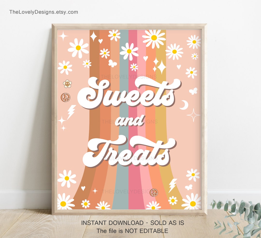 Retro Sweets and Treats Sign Groovy Birthday Sign Rainbow Orange Blue ...