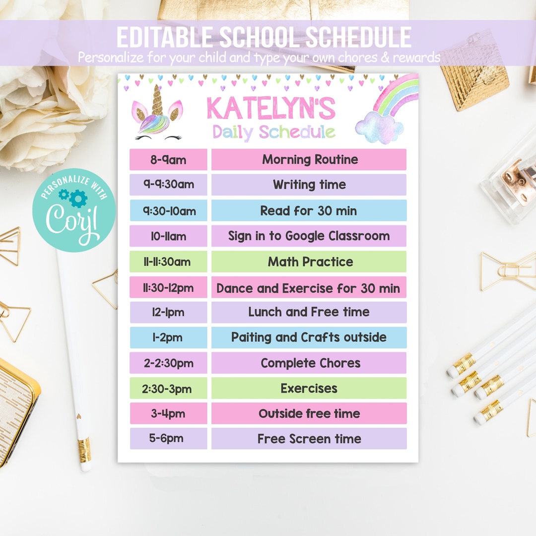 Editable Unicorn Home School Schedule Daily Routine Homework Daily ...