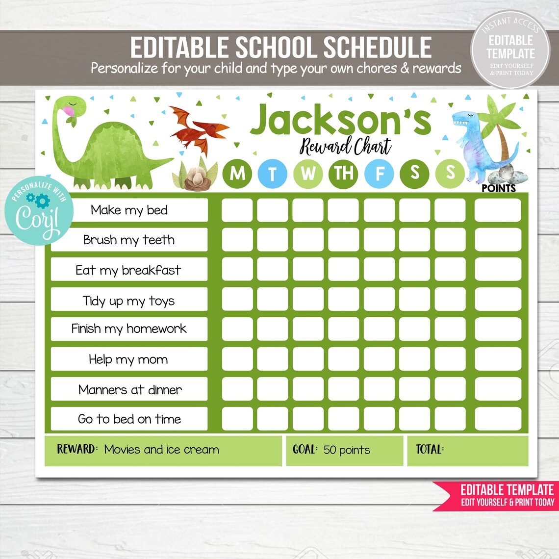Editable Dinosaur Reward Chart Dinosaur Reward for Kids - Etsy