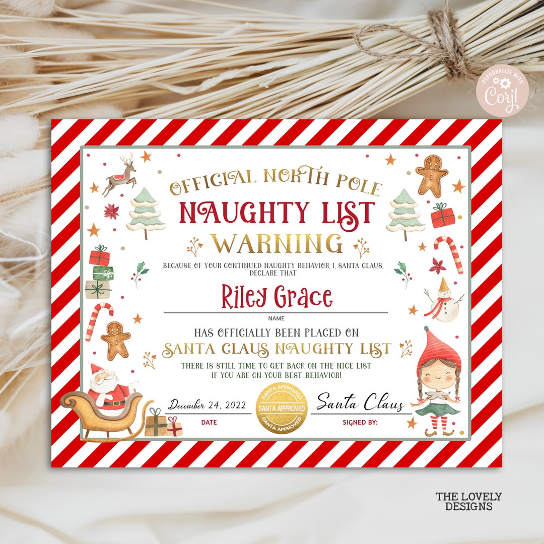 EDITABLE Santa Claus Official Naughty List Warning Certificate - Etsy