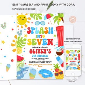 Splash Into Seven 7th Birthday Pool Party Editable Invitation Summer ...
