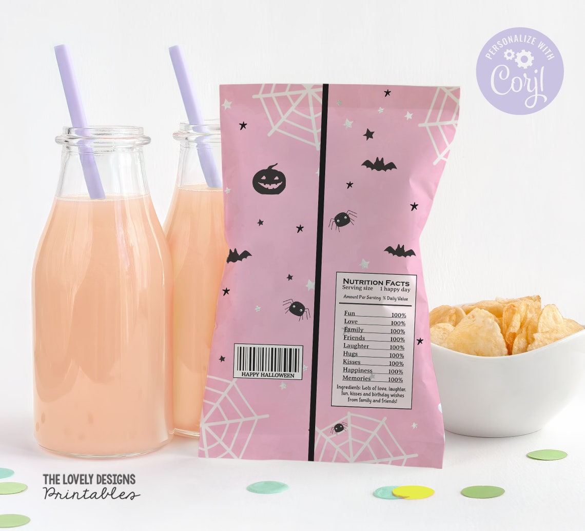 Editable Chip Bag Wrapper Halloween Pink Ghost Birthday Spooky Cute ...