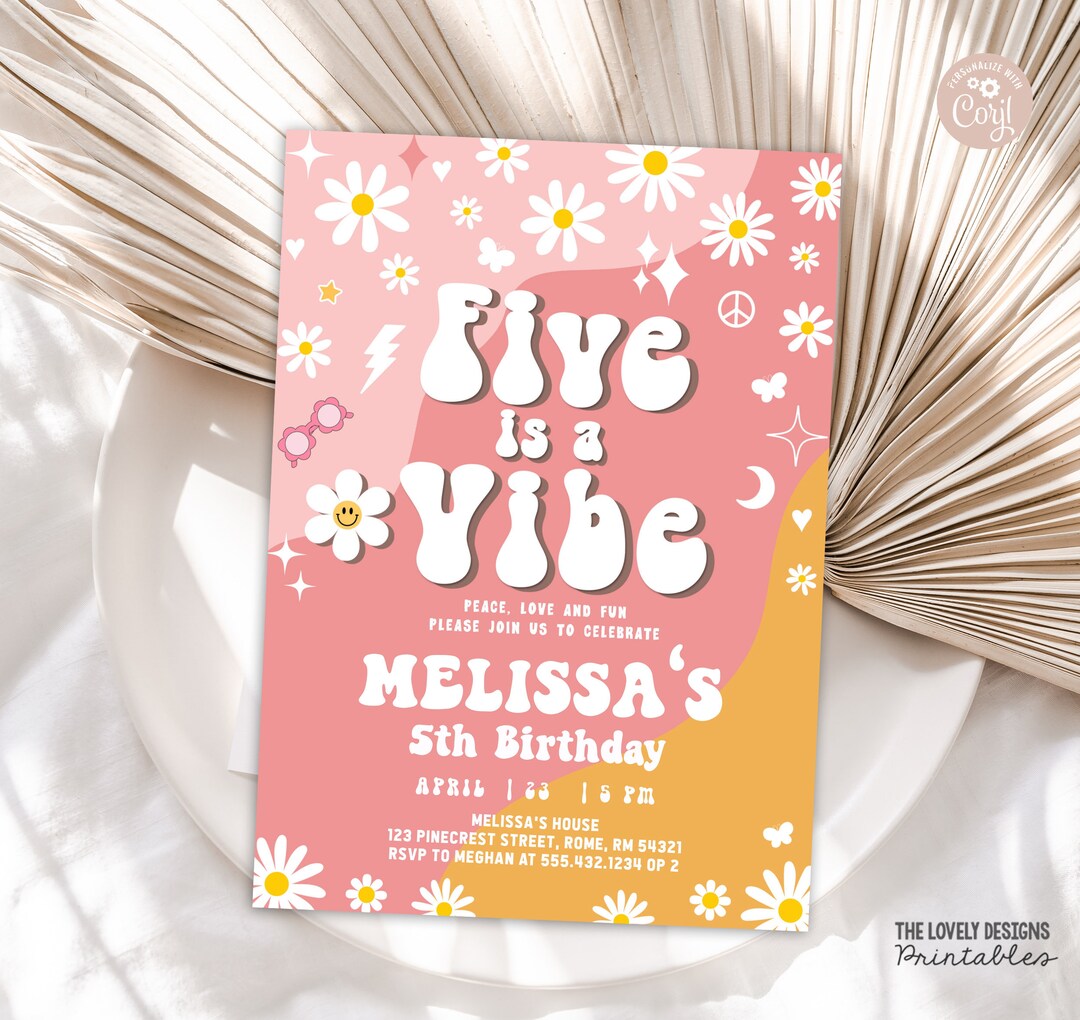 Five is a Vibe Invitation Editable Groovy 5th Birthday Rainbow Pink and ...