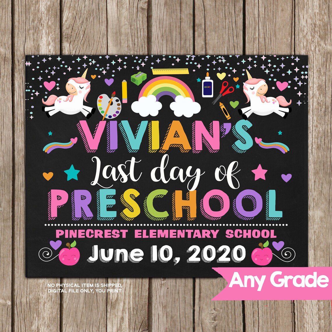 Unicorn Last Day of School Sign Last of Kindergarten ANY | Etsy