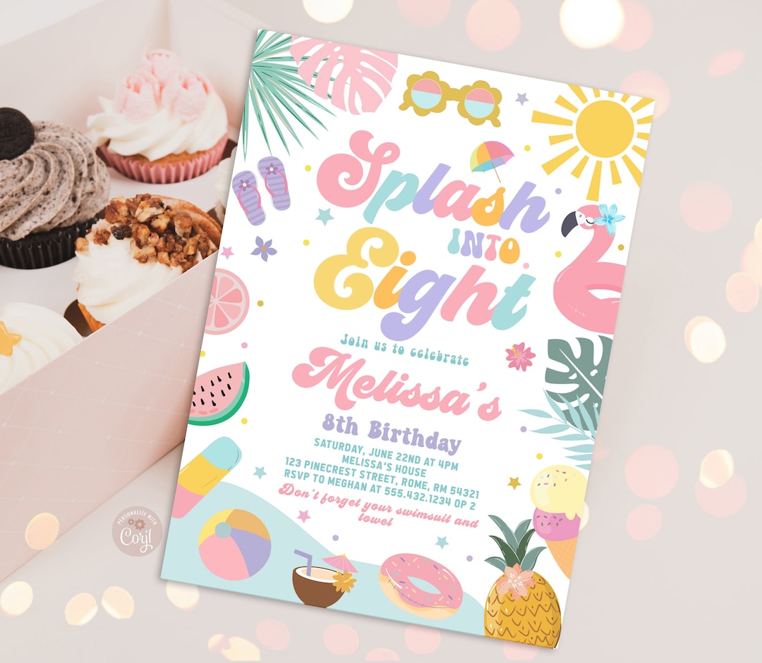 Splash Into Eight 8th Birthday Editable Invitation Pool Party Pink ...