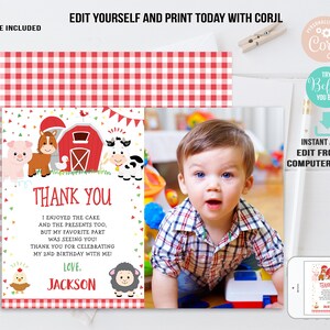 EDITABLE Farm Thank You Card With Photo Farm Birthday Party Farm Red ...