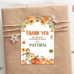 EDITABLE Fall Pumpkin Birthday Favor Tags Scarecrow Sunflowers Gift ...