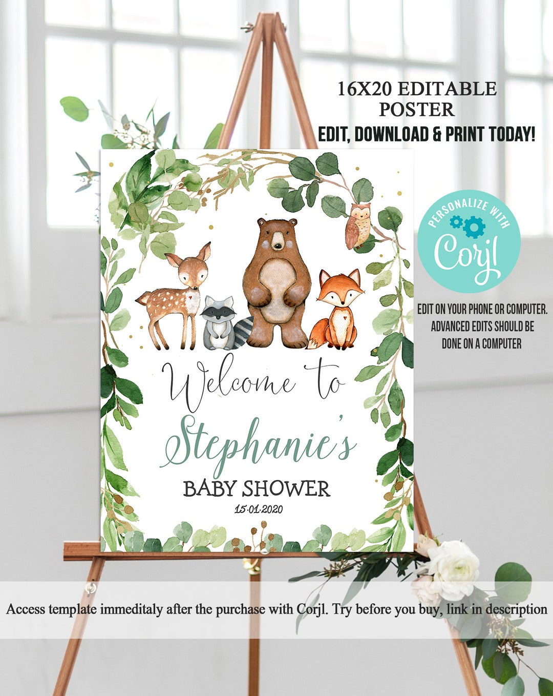 Woodland Baby Shower Welcome Sign EDITABLE Template Woodland Theme ...