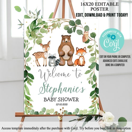 Woodland Animals Baby Shower Welcome Sign EDITABLE Welcome - Etsy