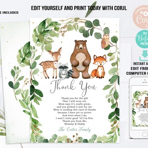 EDITABLE Woodland Thank You Card Woodland Baby Shower Cards Theme ...