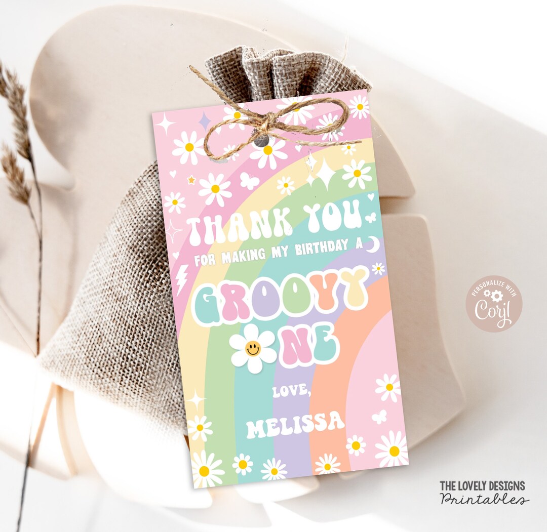 Editable Daisy Groovy One Gift Tag Groovy 1st Birthday Rainbow Pink ...