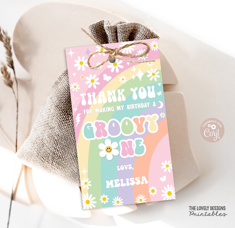 Editable Daisy Groovy One Gift Tag Groovy 1st Birthday Rainbow Pink ...