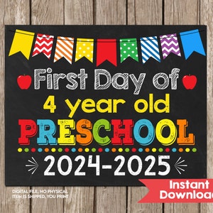 First Day of 4 Year Old Preschool Sign INSTANT DOWNLOAD Photo Prop ...