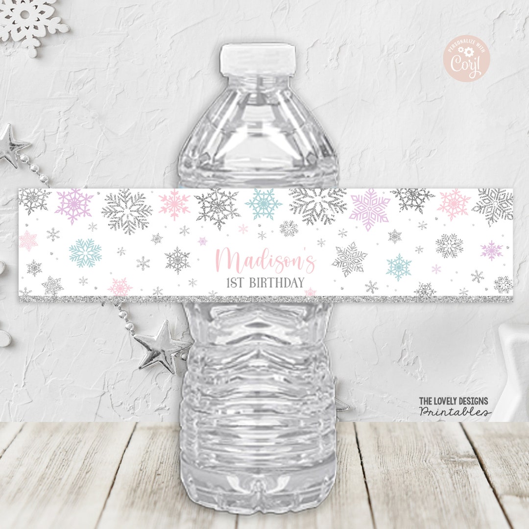 EDITABLE Winter Bottle Label Winter Birthday Label Snowflakes Pink ...