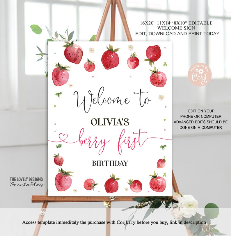 EDITABLE Strawberry Welcome Sign Sweet Strawberry Birthday - Etsy
