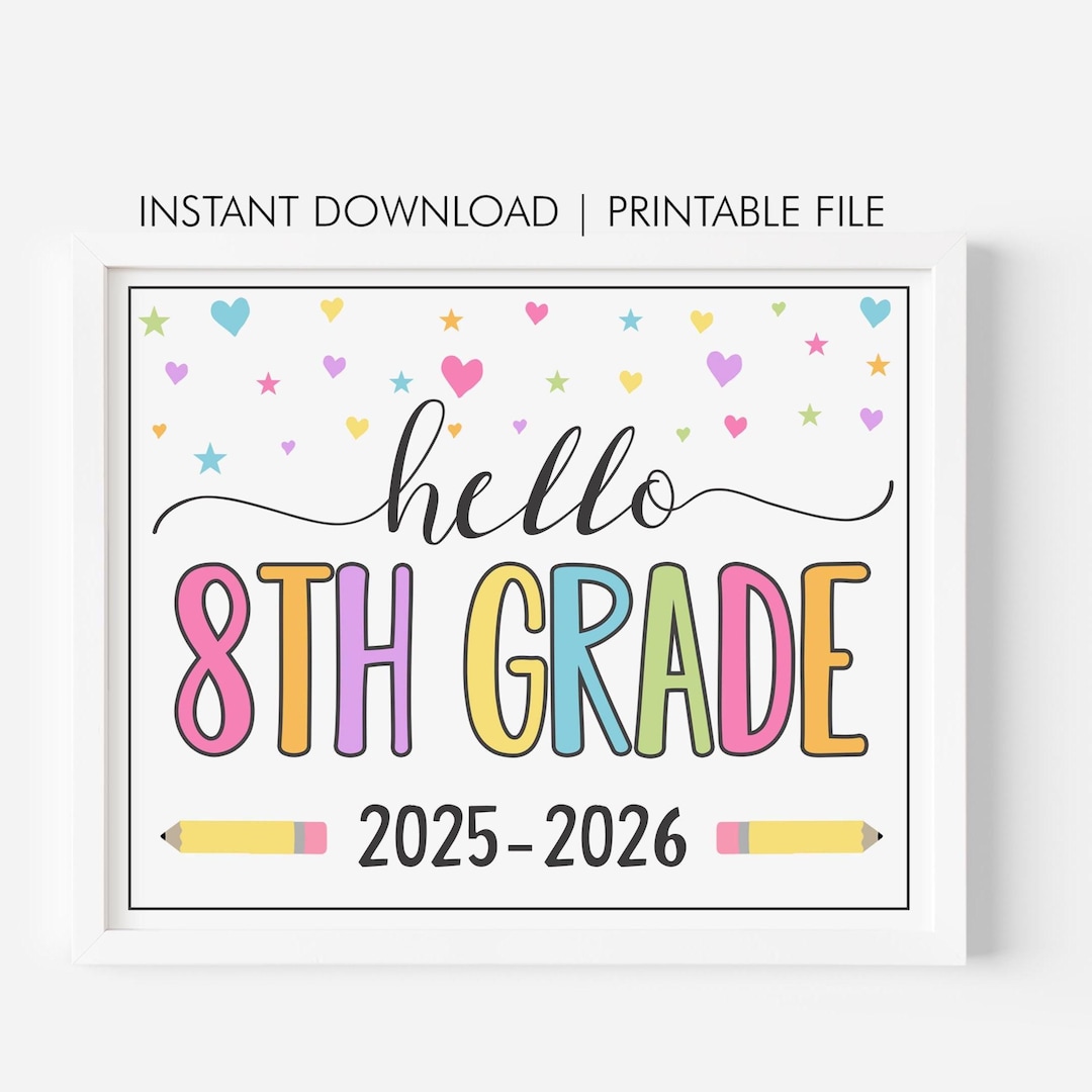 Girl First Day of 8th Grade Sign, Hello First Day of Eighth School Sign ...