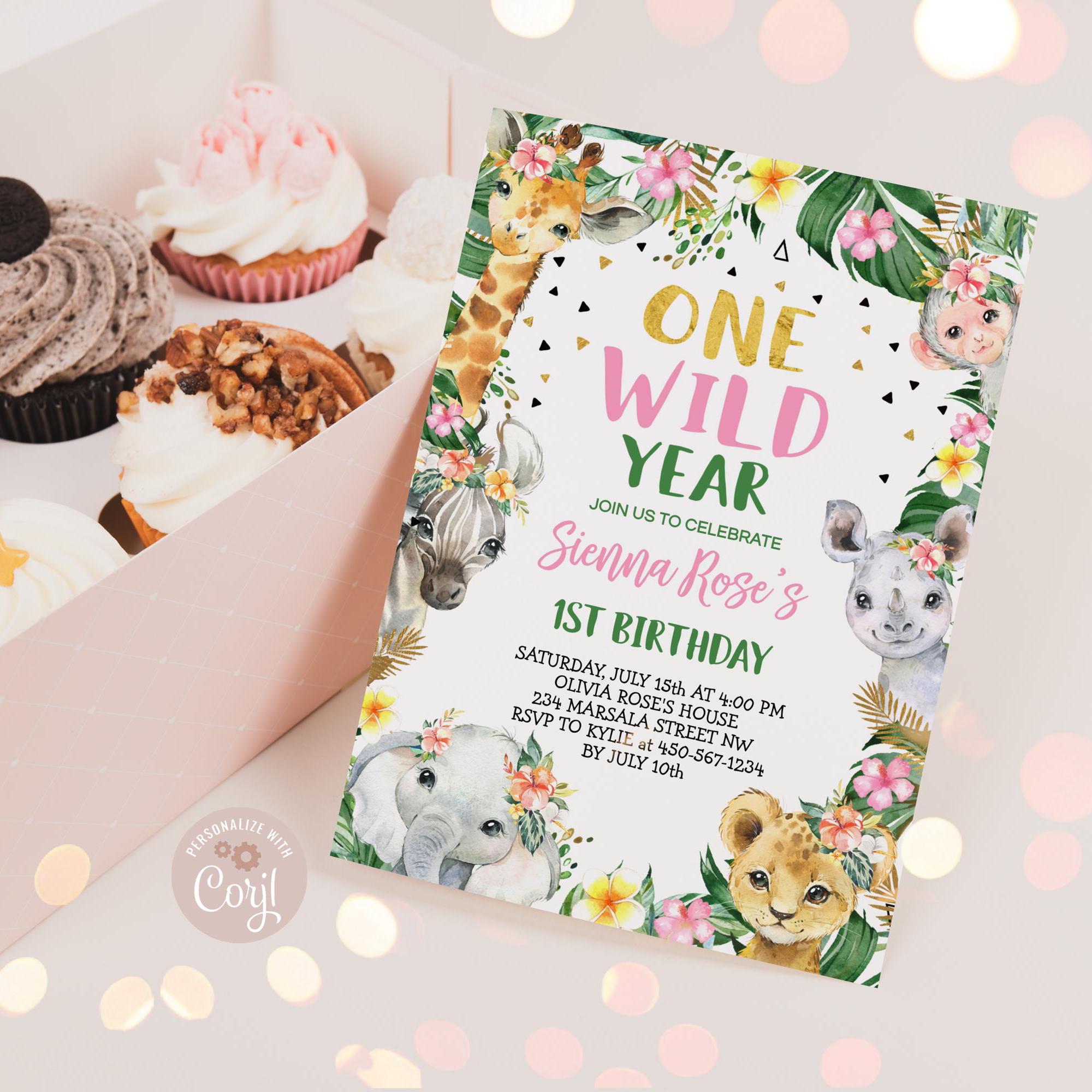 Editable ONE Wild Year Birthday Photo Invitation ONE Wild Year Jungle ...