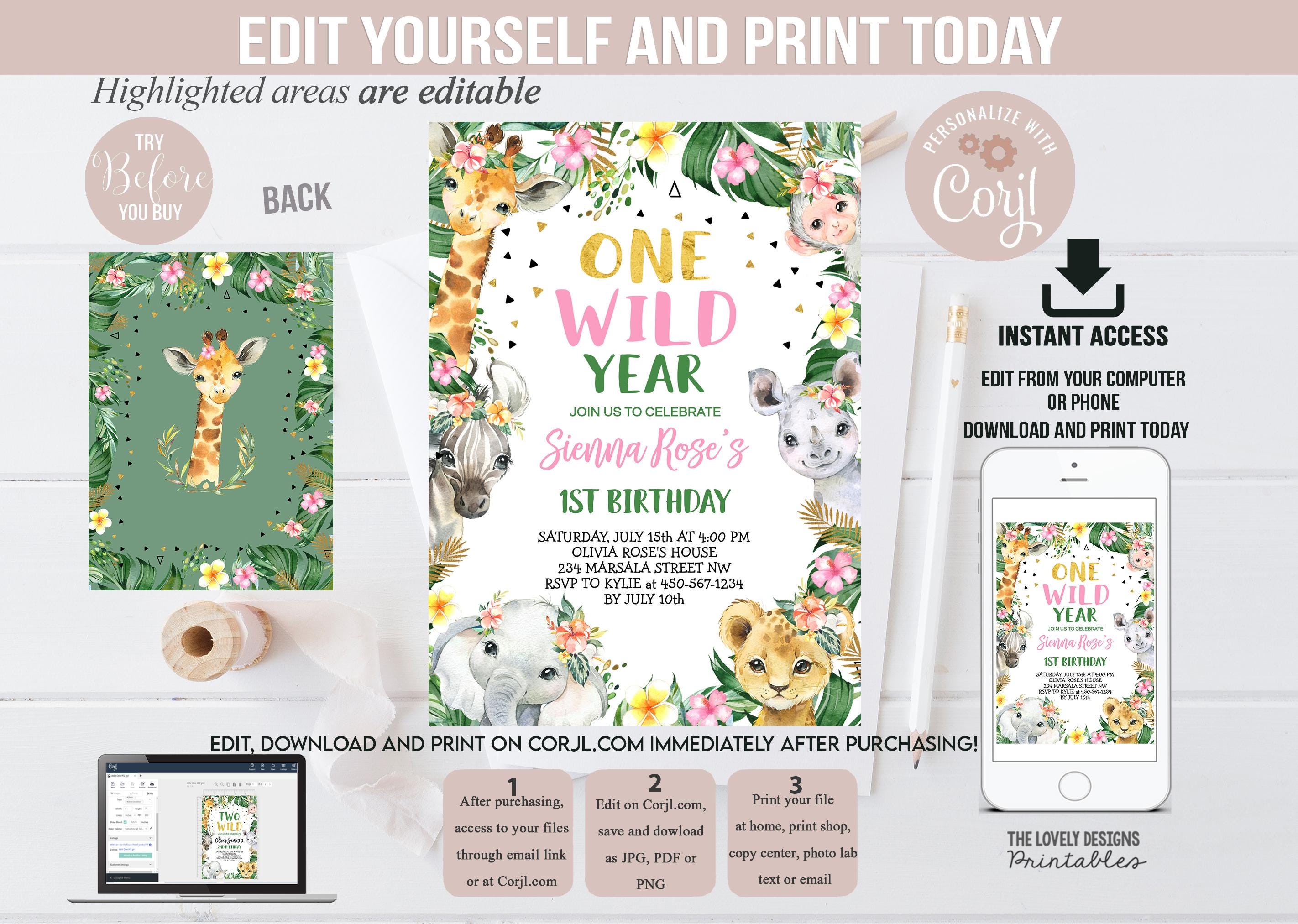 Editable ONE Wild Year Birthday Photo Invitation ONE Wild Year Jungle ...