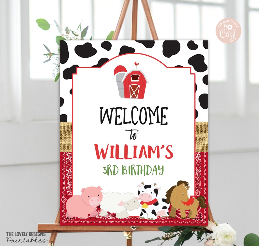 Editable Farm Welcome Sign Farm Birthday Party Sign Farm Bandana Red ...