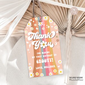 Editable Retro Favor Tag Groovy Birthday Daisy Rainbow Orange Blue Gift ...
