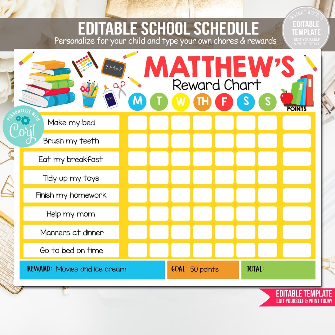Editable School Reward Chart School Reward for Kids Routine Chart Kids ...