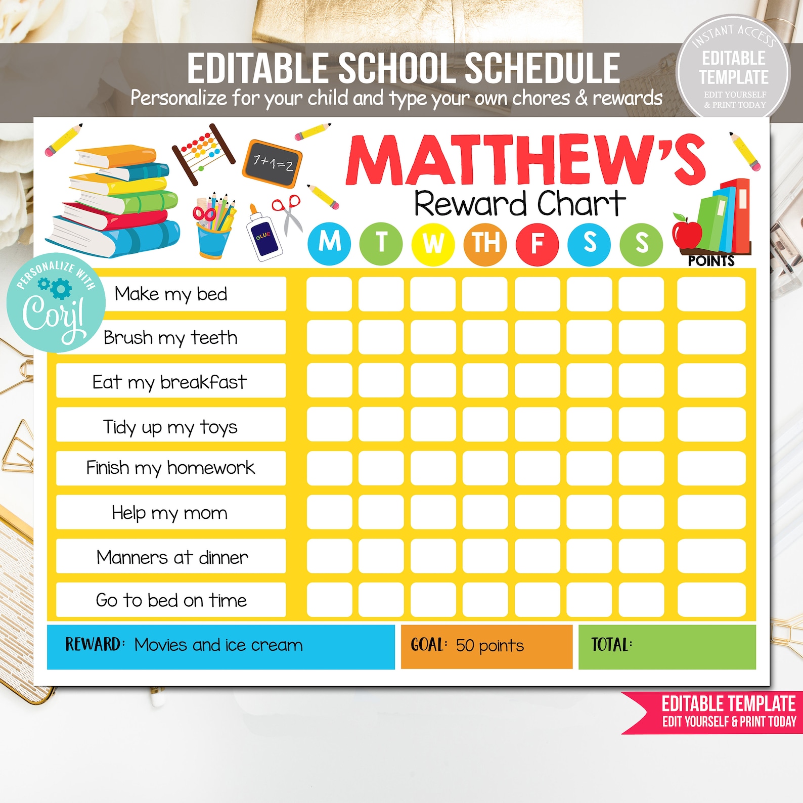 Editable School Reward Chart School Reward for Kids Routine - Etsy