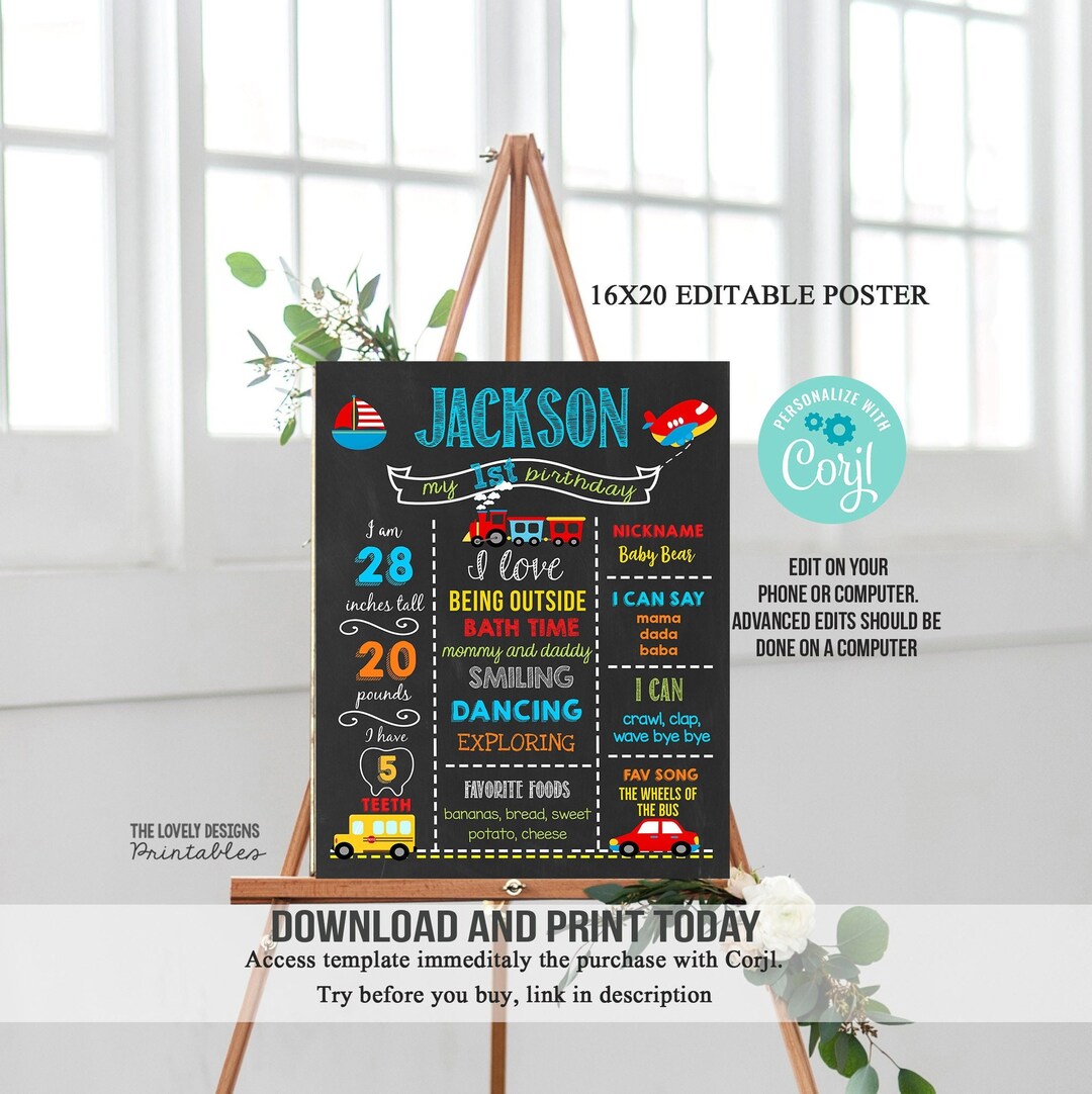 EDITABLE Transportation Birthday Chalkboard Poster Train Cars Bus1st ...