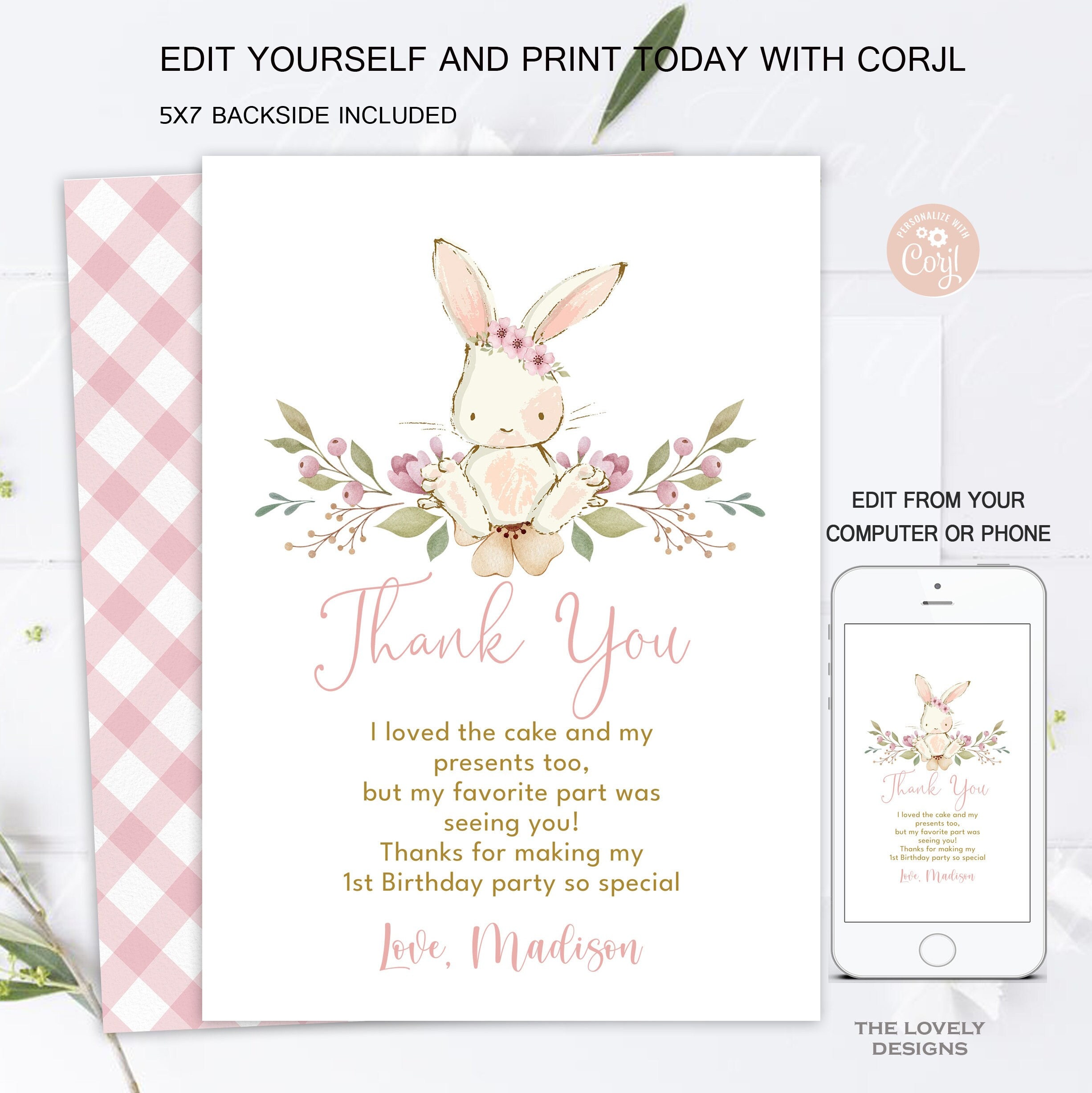 Editable Bunny Thank You Card Bunny Pink Floral Spring Rabbit Easter ...