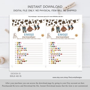 Cowboy Emoji Pictionary Game Cowboy Baby Shower Activity Country ...