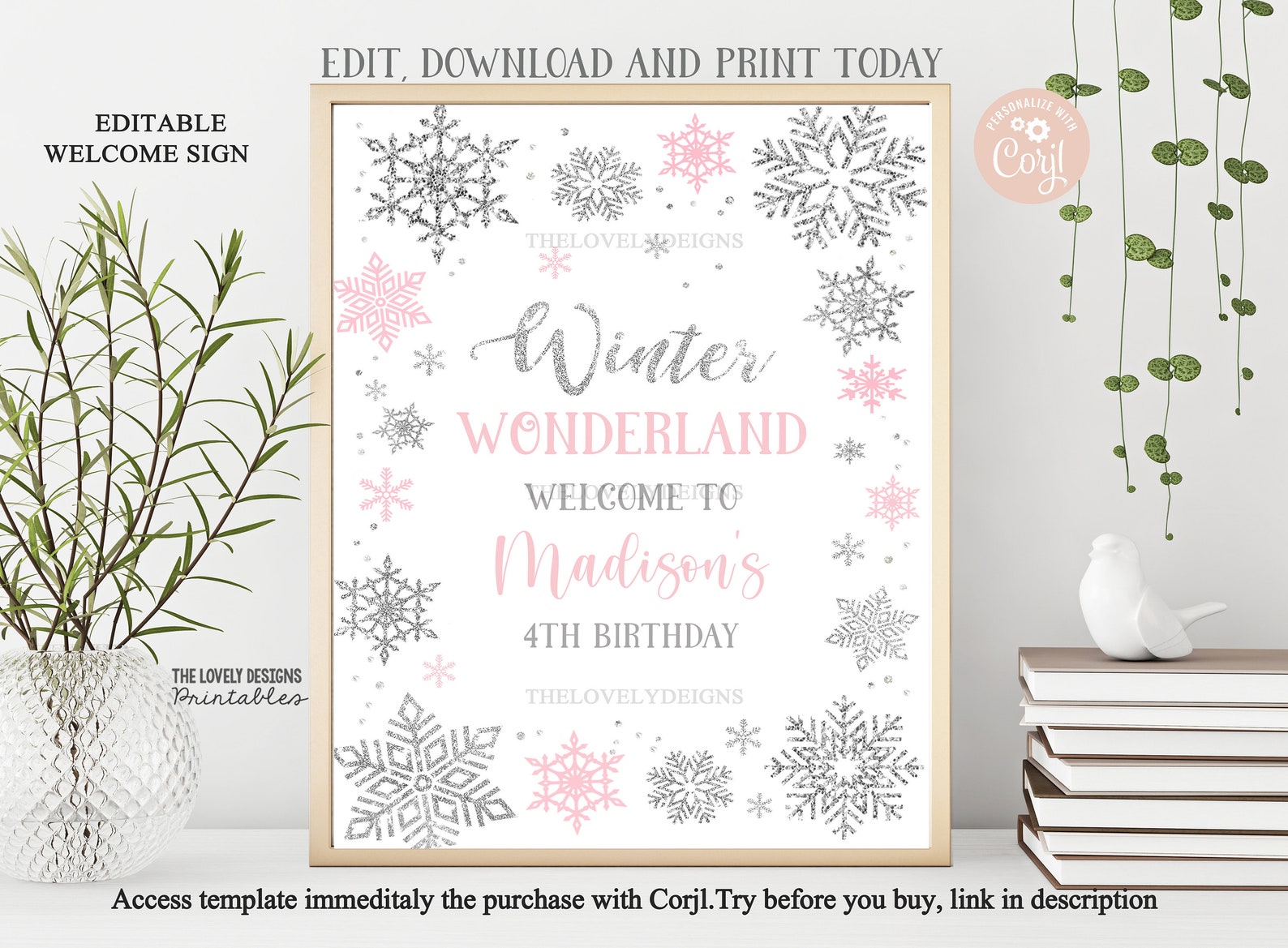 Editable Winter Wonderland Welcome Sign Snowflakes Pink and Silver ...