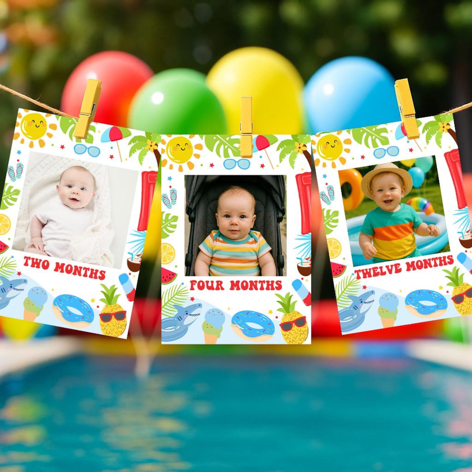 Editable Pool Party 12 Month Photo Banner One in the Sun 1st Birthday ...